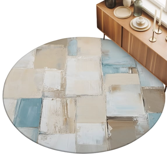 5ft Round Rug Blue Beige Area Rugs for Living Room Bedroom Washable Non ...