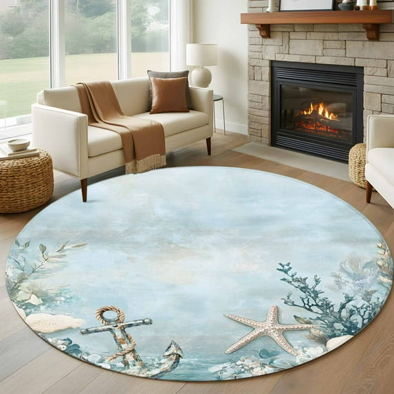 5ft Round Rug, Blue Coastal Non-Skid Rubber Backing Large Area Rugs ...