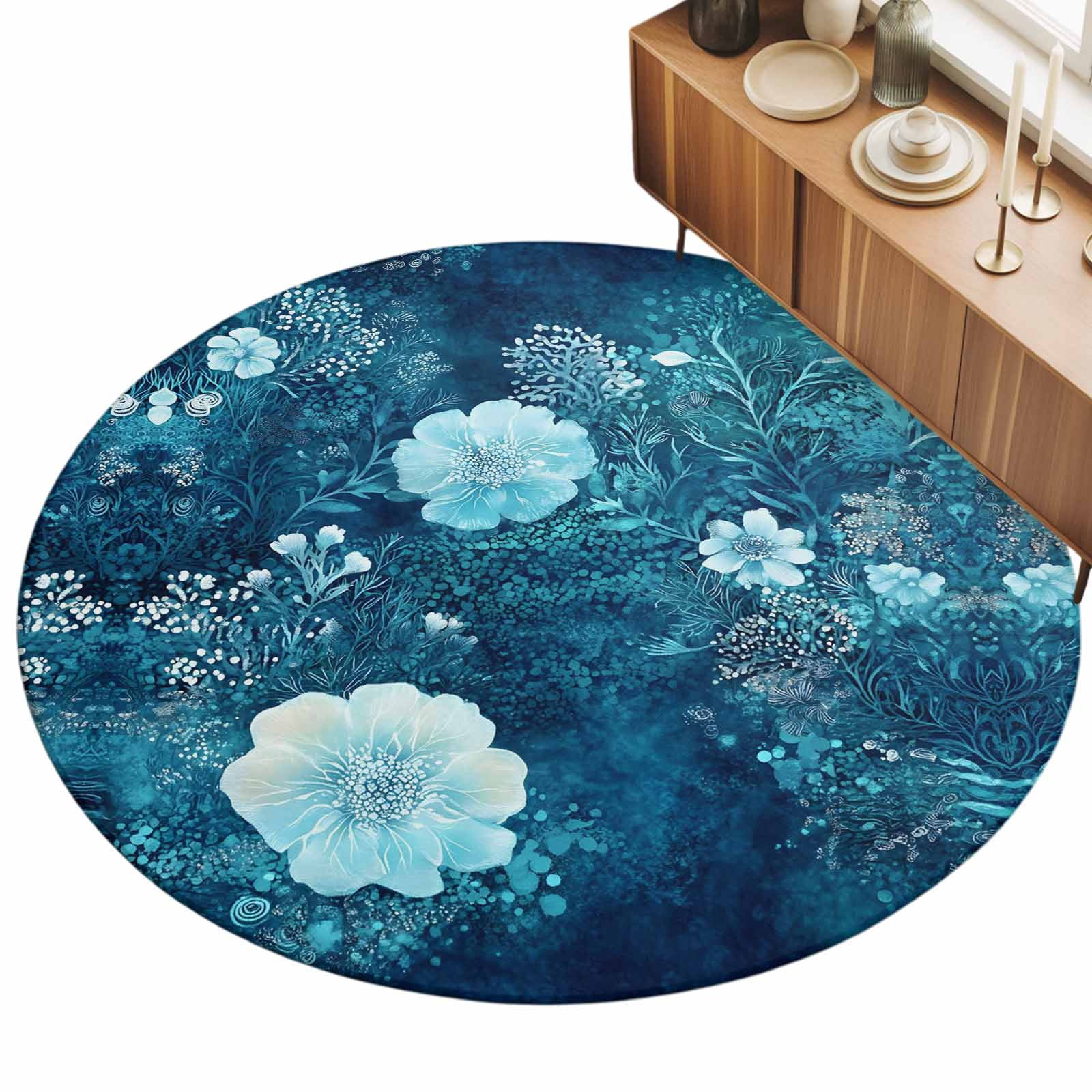 5ft Round Rug Blue Floral Area Rugs for Living Room Bedroom Washable ...