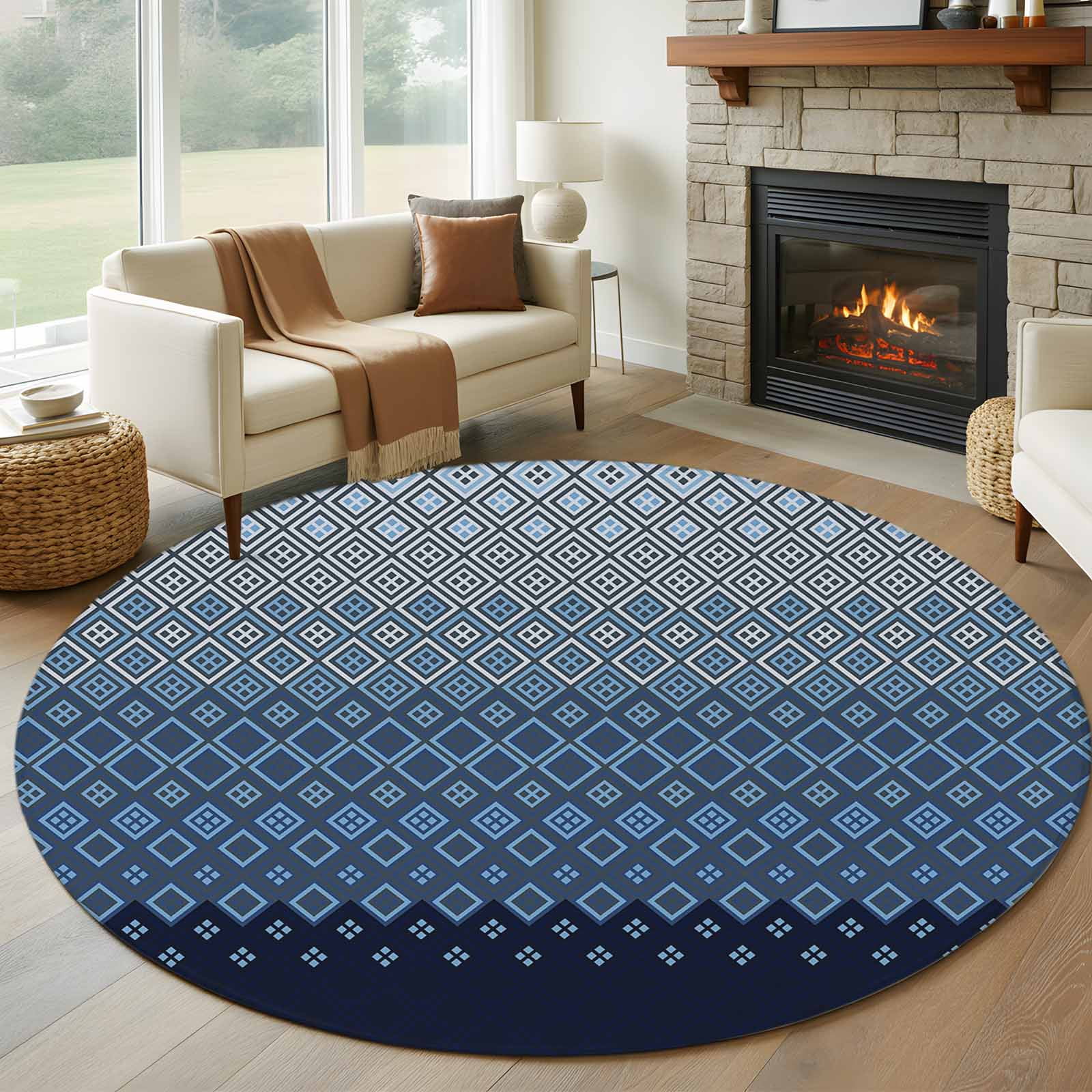 5ft Round Rug, Blue Grey Ombre Geometric Non-Skid Rubber Backing Large ...