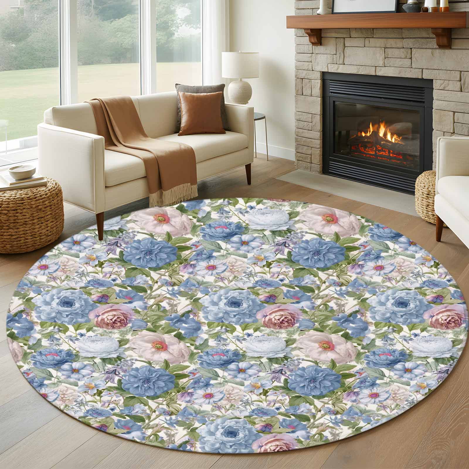 5ft Round Rug, Blue Pink Spring Floral Non-Skid Rubber Backing Large ...