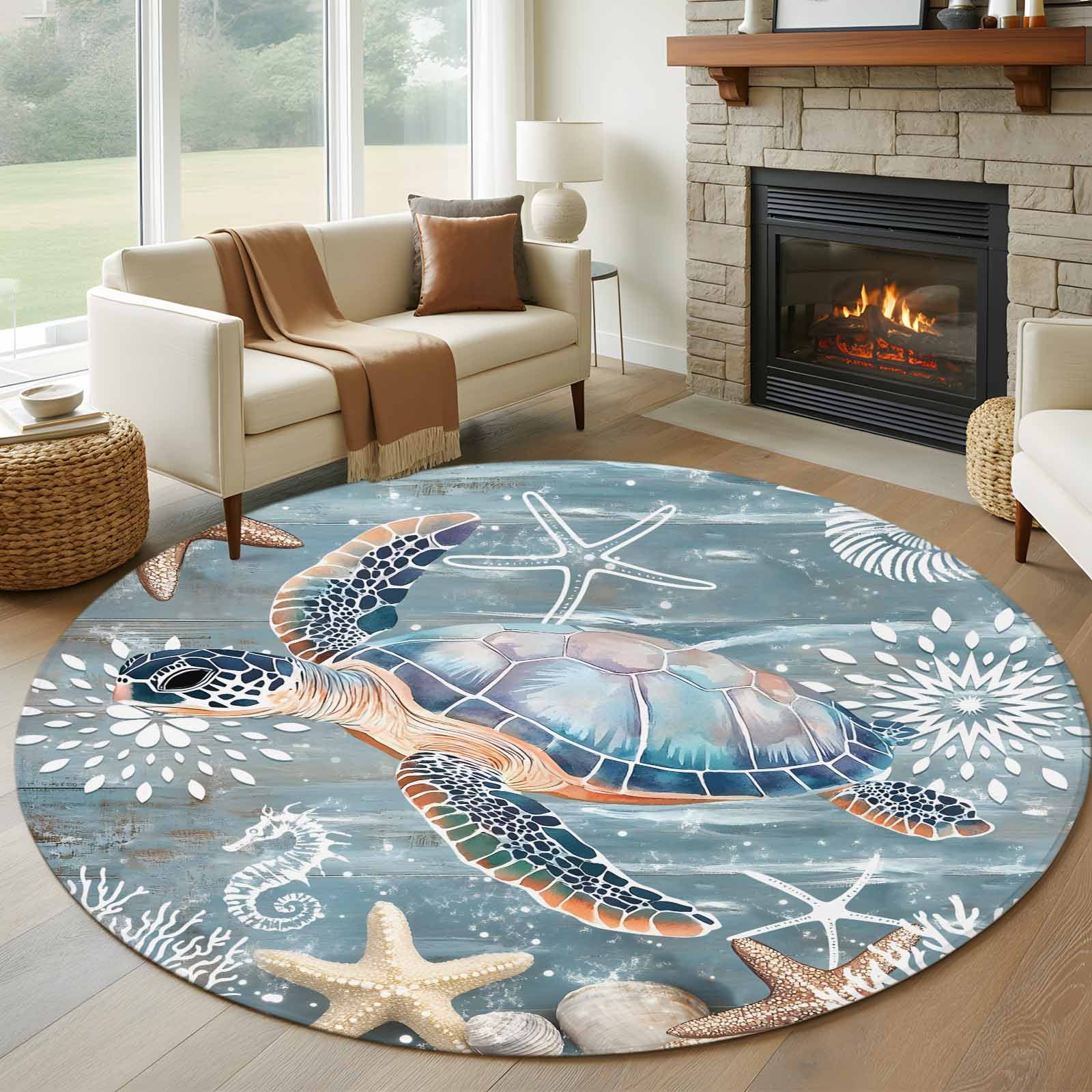 5ft Round Rug, Blue Turtle Coastal Non-Skid Rubber Backing Large Area ...
