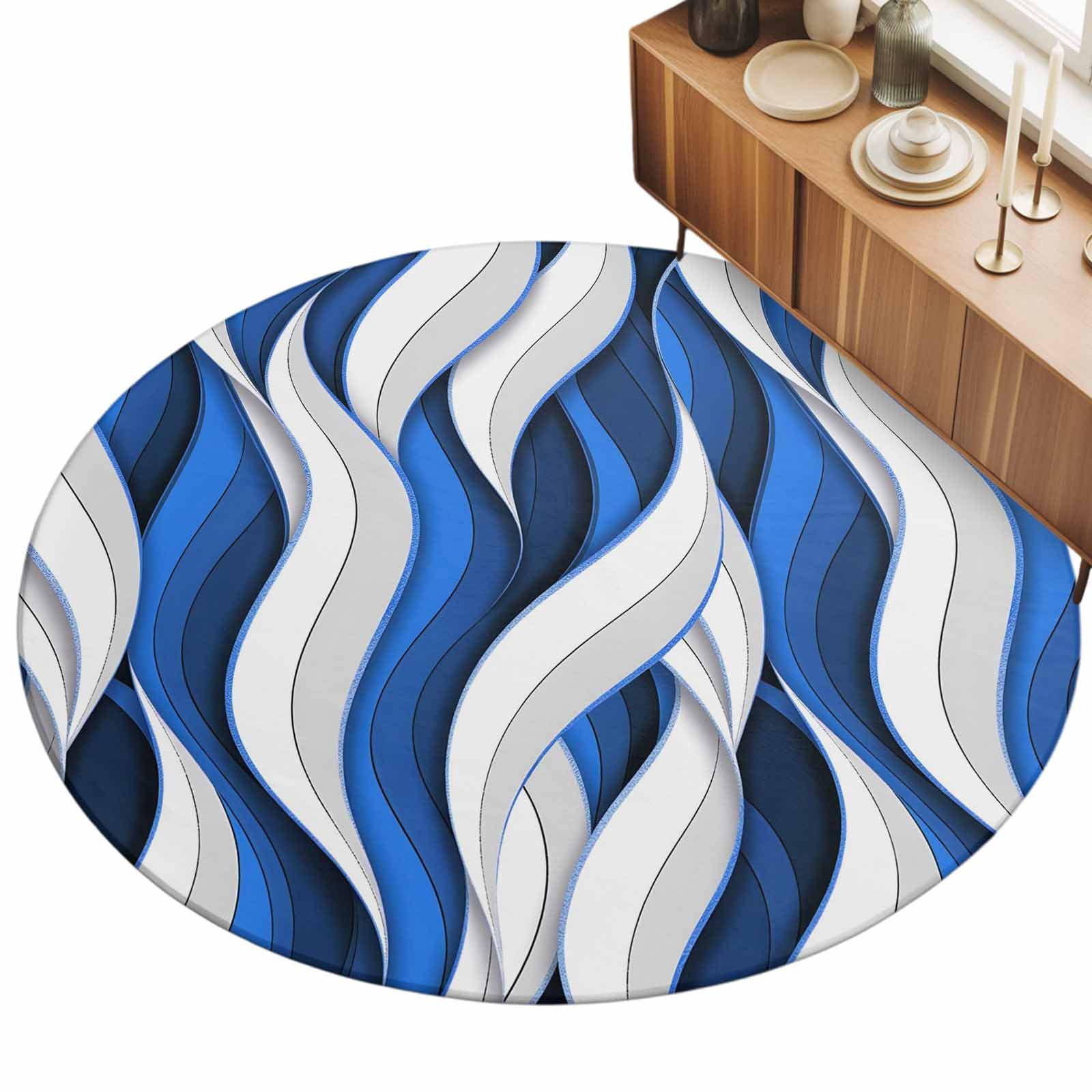 5ft Round Rug Blue White Moire Area Rugs for Living Room Bedroom ...
