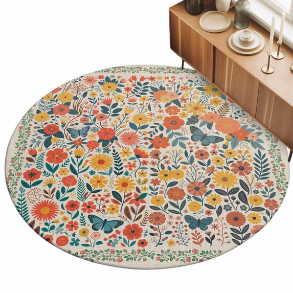 5ft Round Rug Boho Beige Flowers Area Rugs for Living Room Bedroom ...