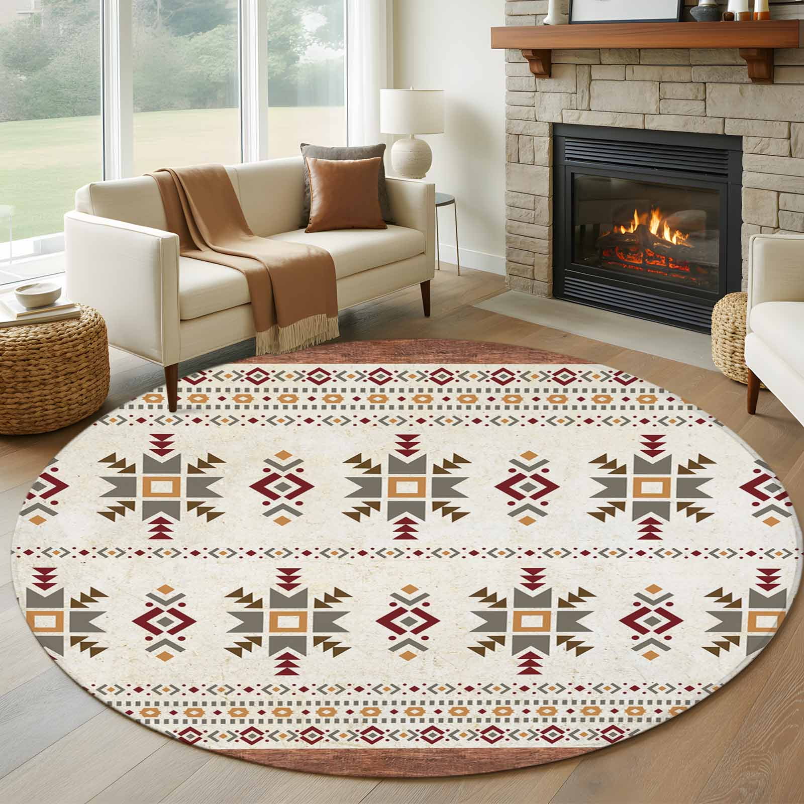 5ft Round Rug, Boho Geometric Non-Skid Rubber Backing Large Area Rugs ...