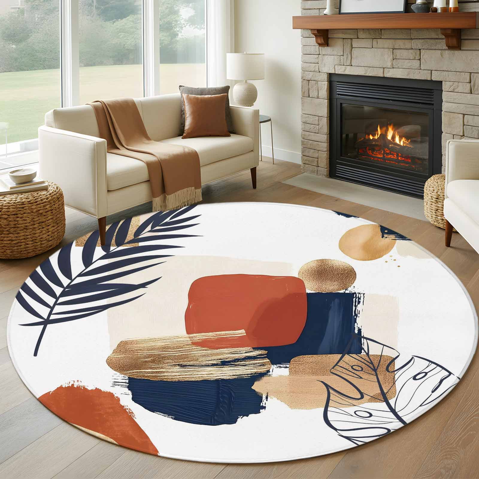 5ft Round Rug, Boho Non-Skid Rubber Backing Large Area Rugs - Living ...