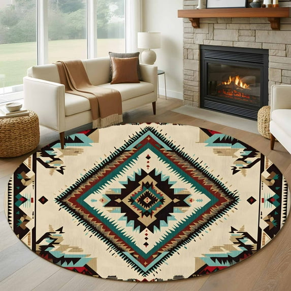 5ft Round Rug, Boho Red Teal Brown Non-Skid Rubber Backing Large Area ...