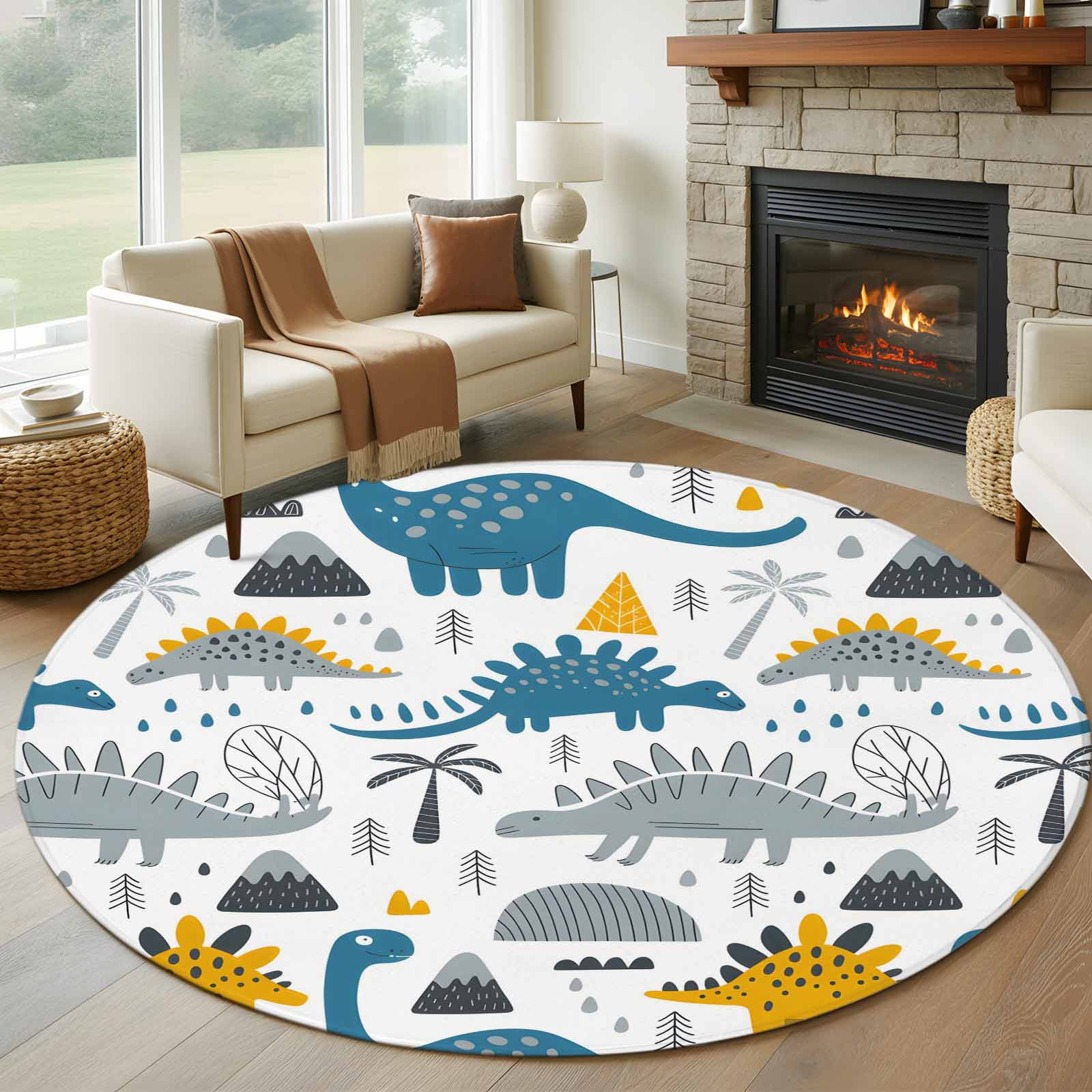 5ft Round Rug, Cartoons Dinosaurs Non-Skid Rubber Backing Large Area ...