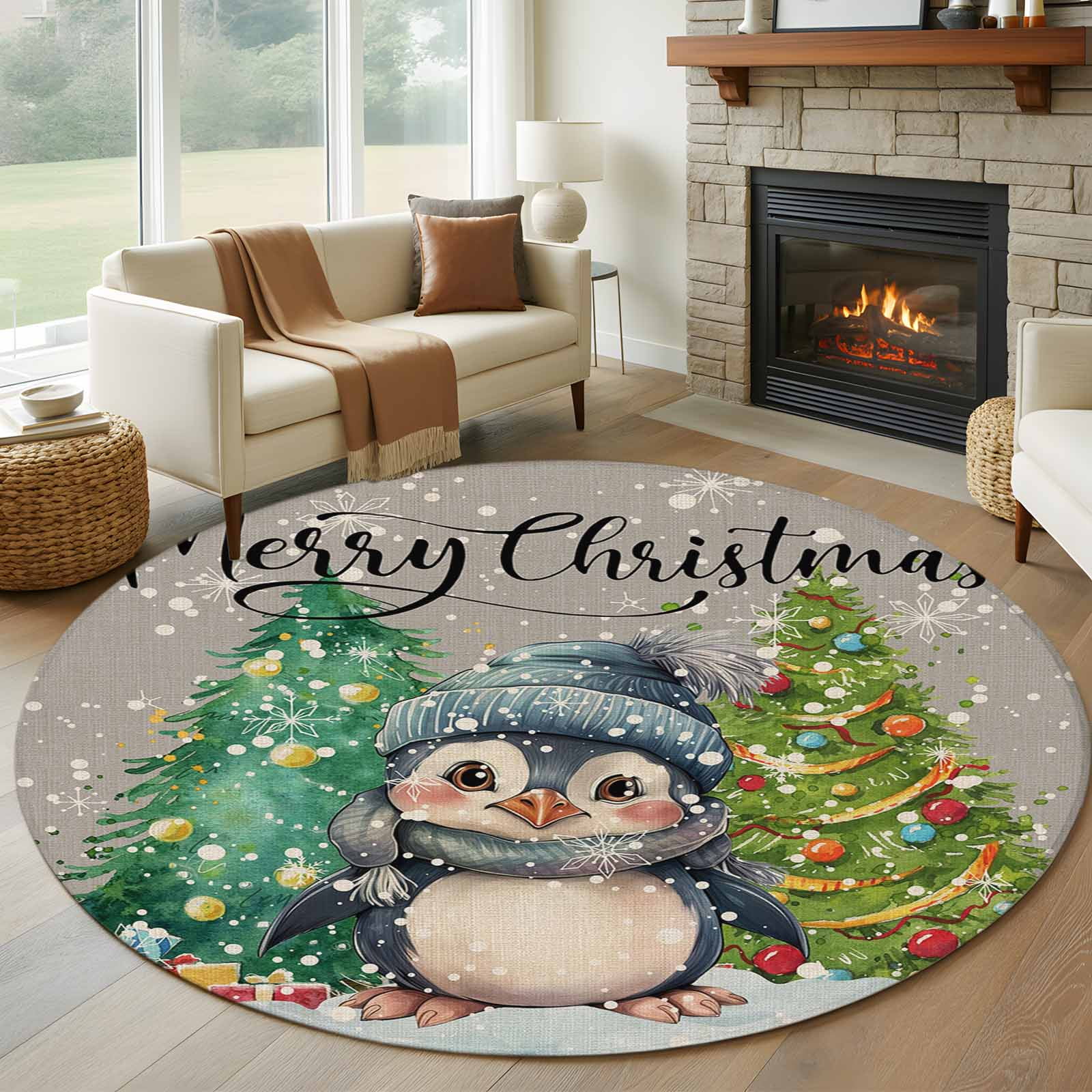 5ft Round Rug, Christmas Penguin, Non-Skid Rubber Backing Large Area ...