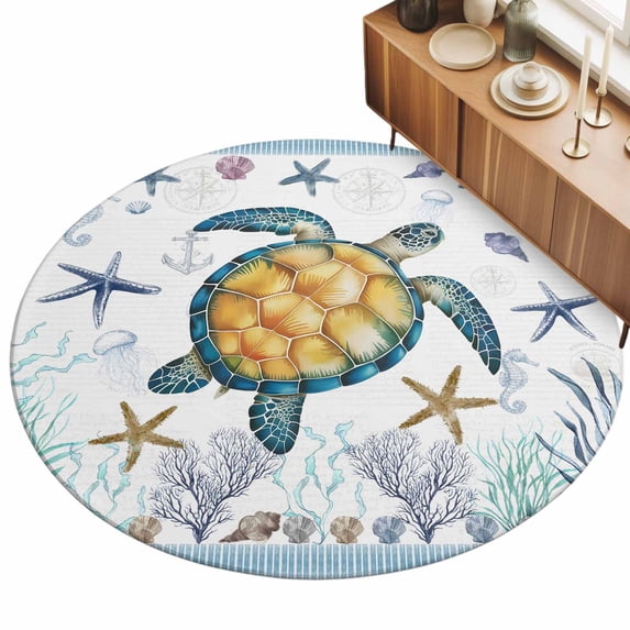 5ft Round Rug Coastal Turtle Area Rugs for Living Room Bedroom Washable ...