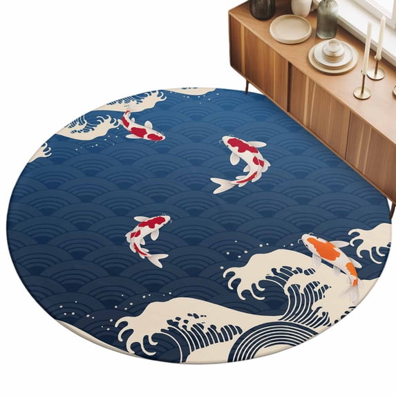 5ft Round Rug Coastal Wave Area Rugs for Living Room Bedroom Washable ...