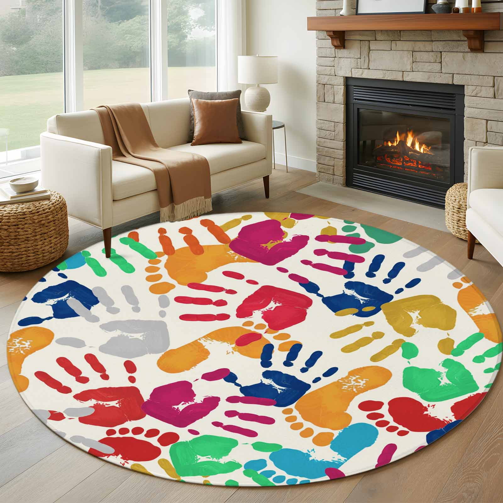 5ft Round Rug, Colorful Handprints Non-Skid Rubber Backing Large Area ...