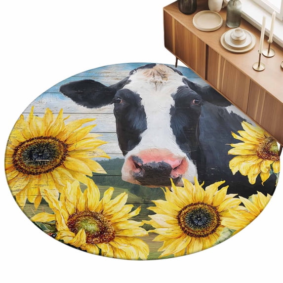 5ft Round Rug Cow Sunflowers Area Rugs for Living Room Bedroom Washable ...