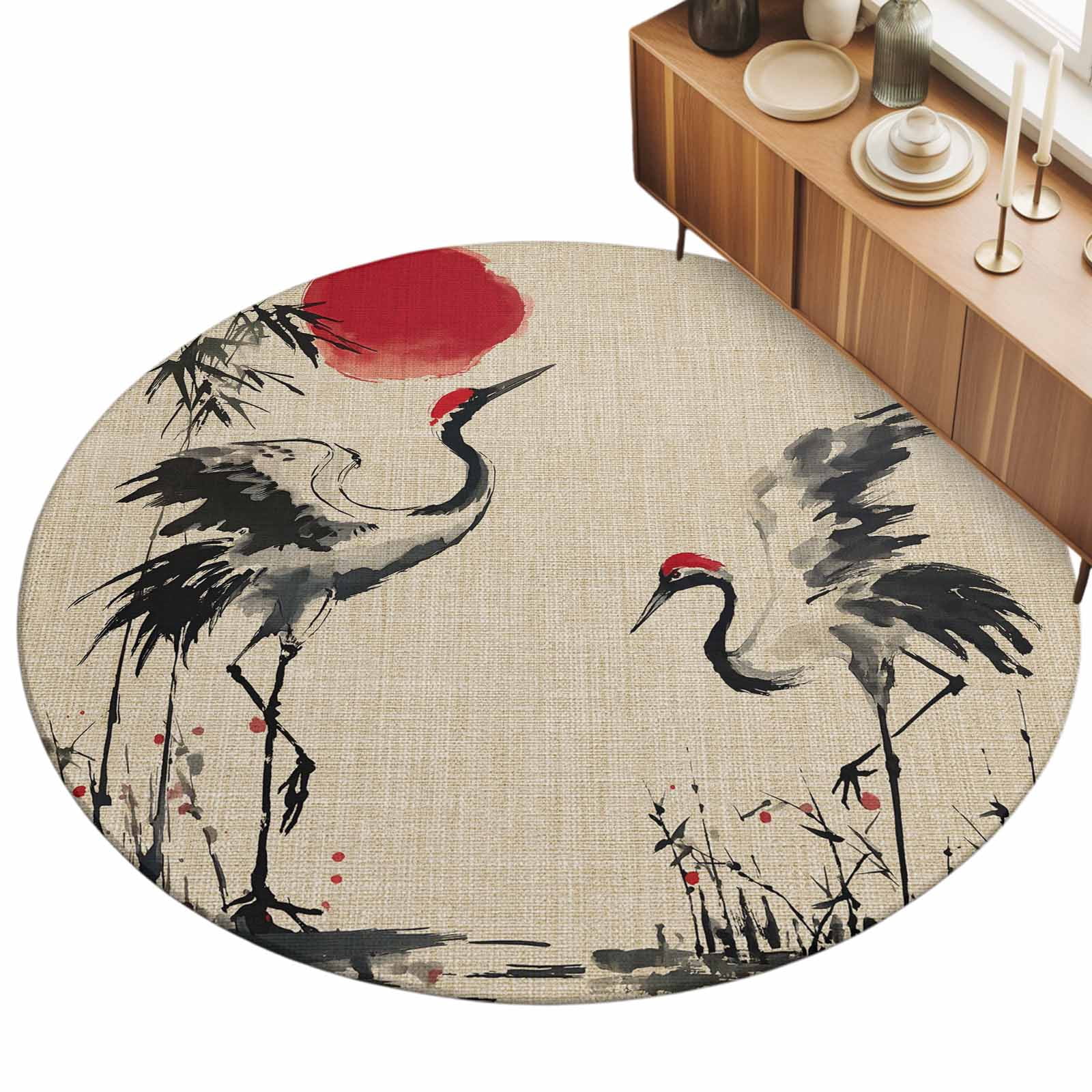 5ft Round Rug Crane Area Rugs for Living Room Bedroom Washable Non Slip ...