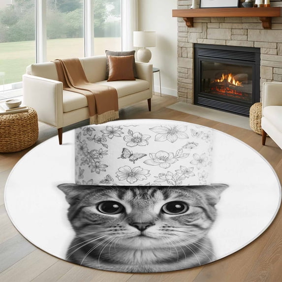 5ft Round Rug, Cute Cat Non-Skid Rubber Backing Large Area Rugs ...