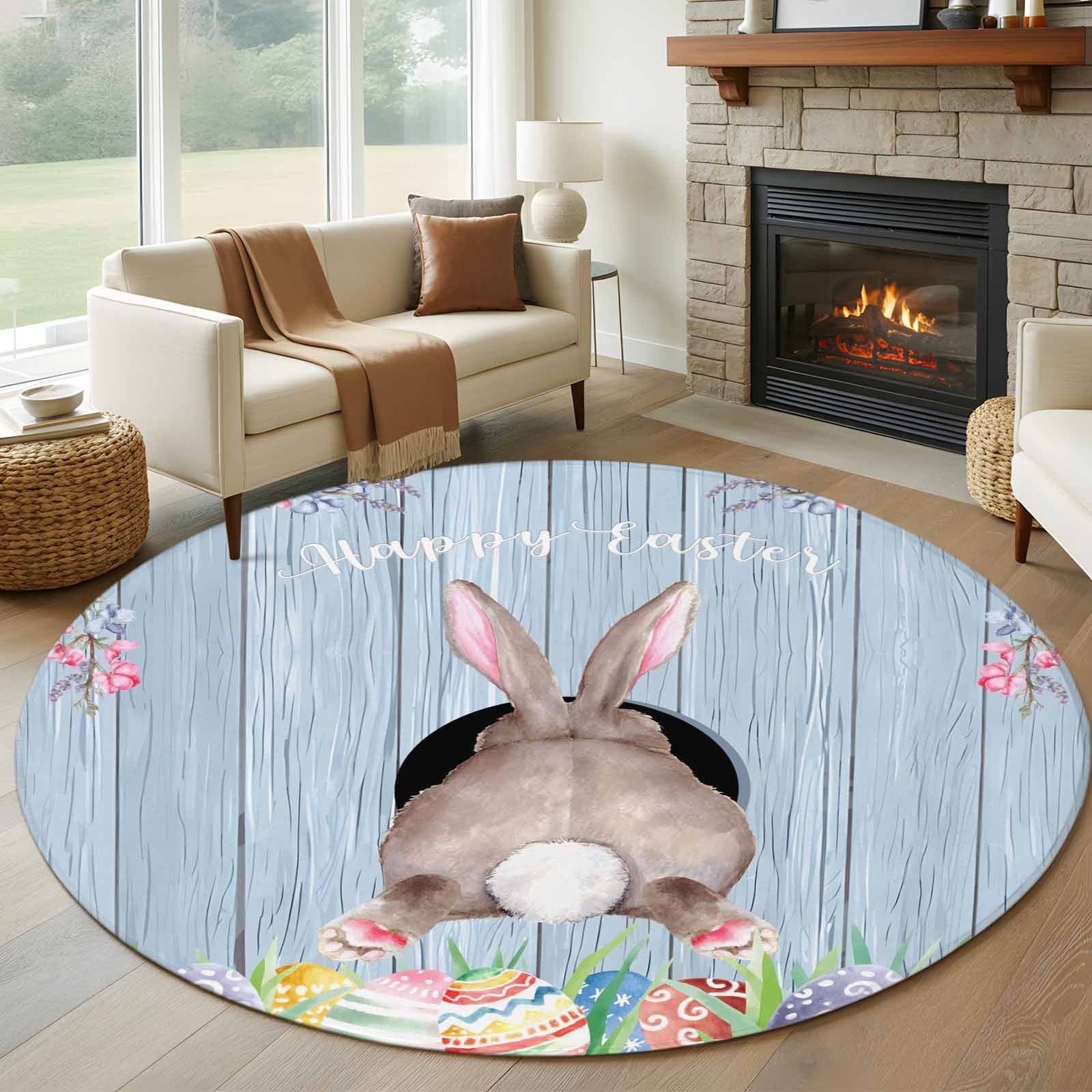 5ft Round Rug, Easter Bunny Non-Skid Rubber Backing Large Area Rugs ...