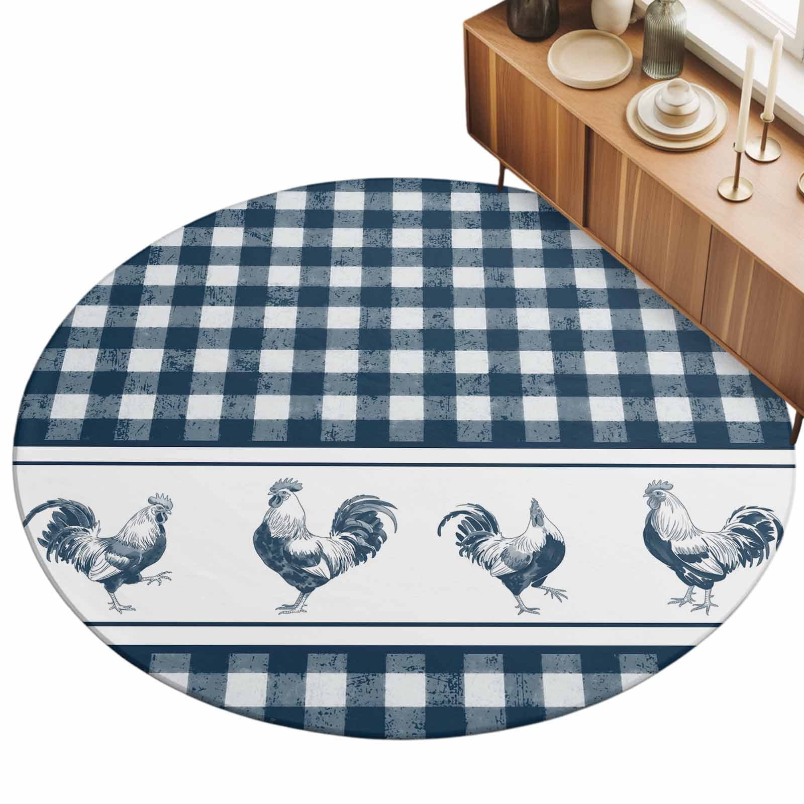 5ft Round Rug Farmhouse Blue Plaid Area Rugs for Living Room Bedroom ...