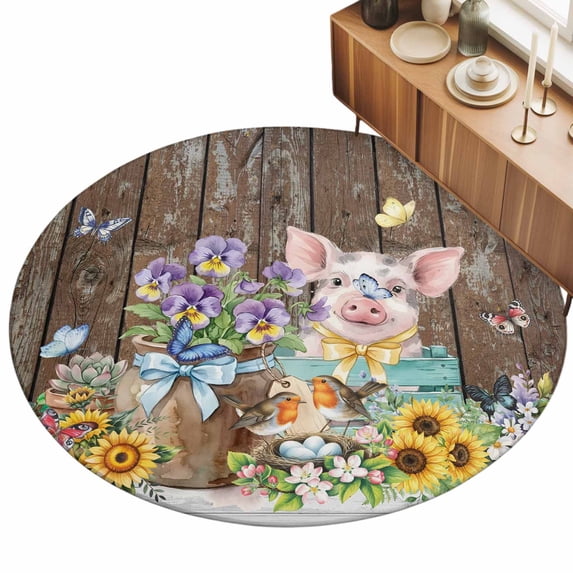 5ft Round Rug Farmhouse Floral Pig Area Rugs for Living Room Bedroom ...
