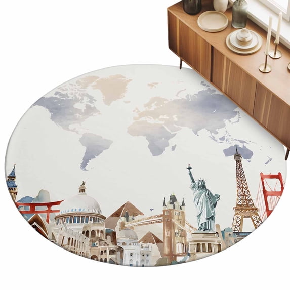 5ft Round Rug Gray Beige Map Area Rugs for Living Room Bedroom Washable ...