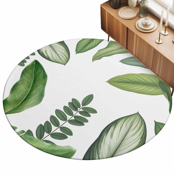 5ft Round Rug Green Leaves Area Rugs for Living Room Bedroom Washable ...