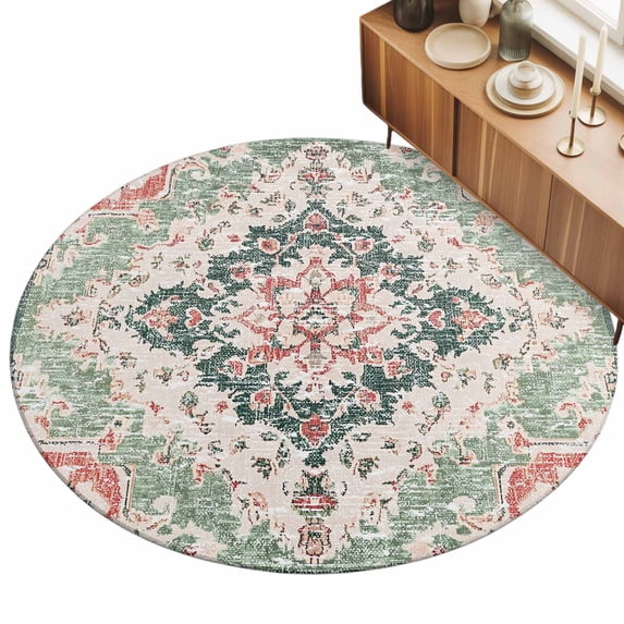 5ft Round Rug Green Pink Boho Floral Area Rugs for Living Room Bedroom ...