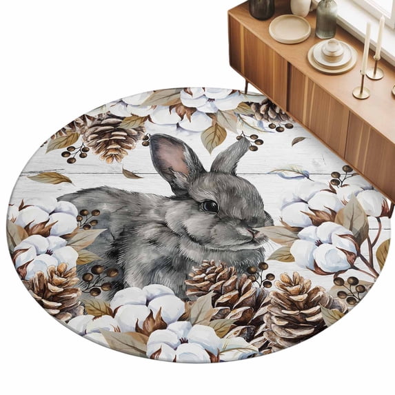 5ft Round Rug Grey Rabbits Area Rugs for Living Room Bedroom Washable ...