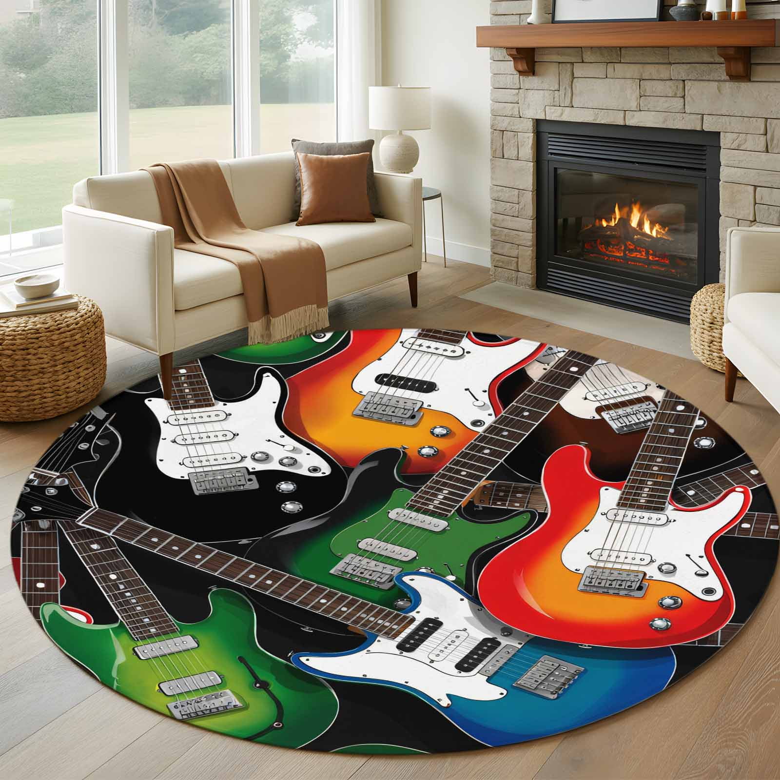 5ft Round Rug, Guitar Non-Skid Rubber Backing Large Area Rugs - Living ...