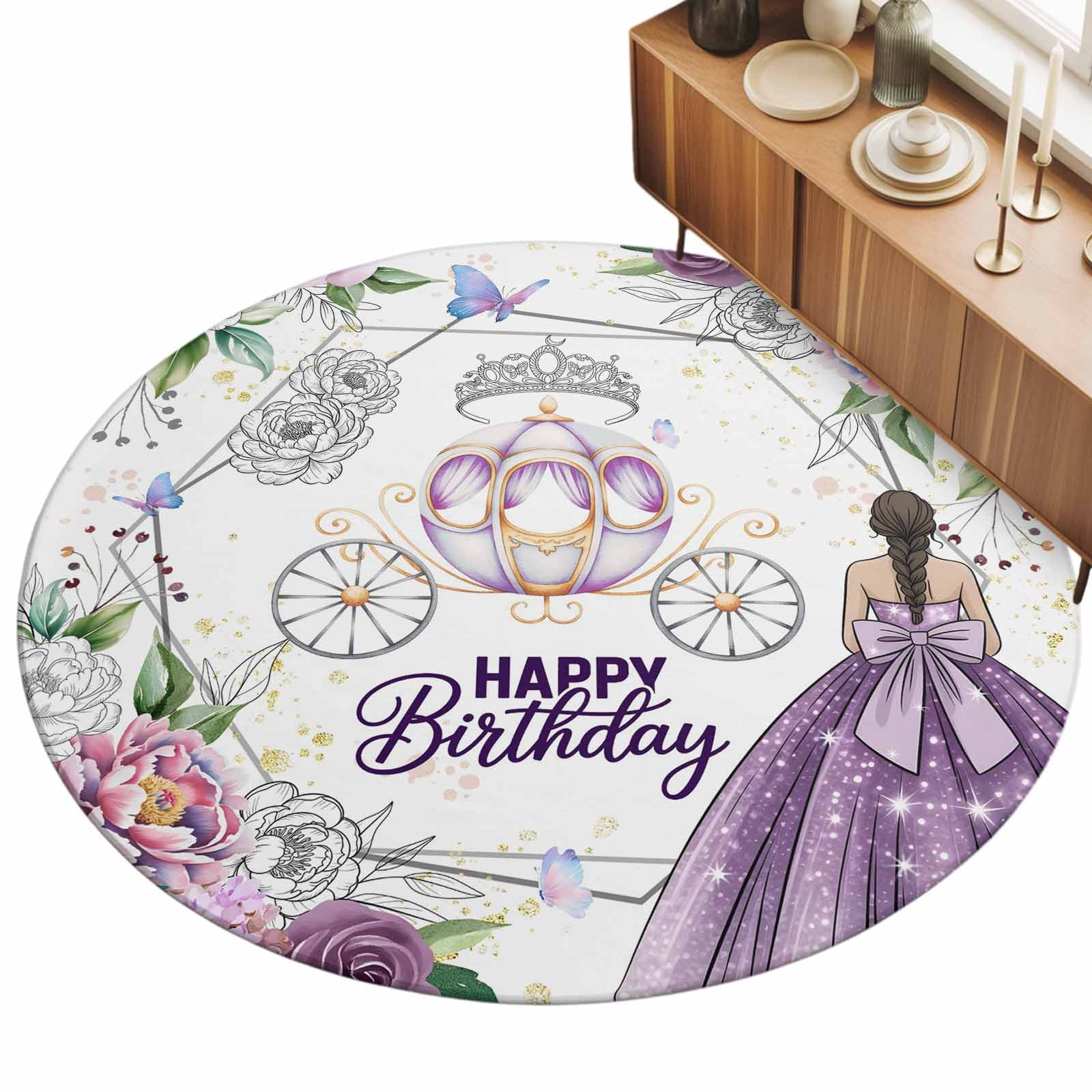 5ft Round Rug Happy Birthday Area Rugs for Living Room Bedroom Washable ...