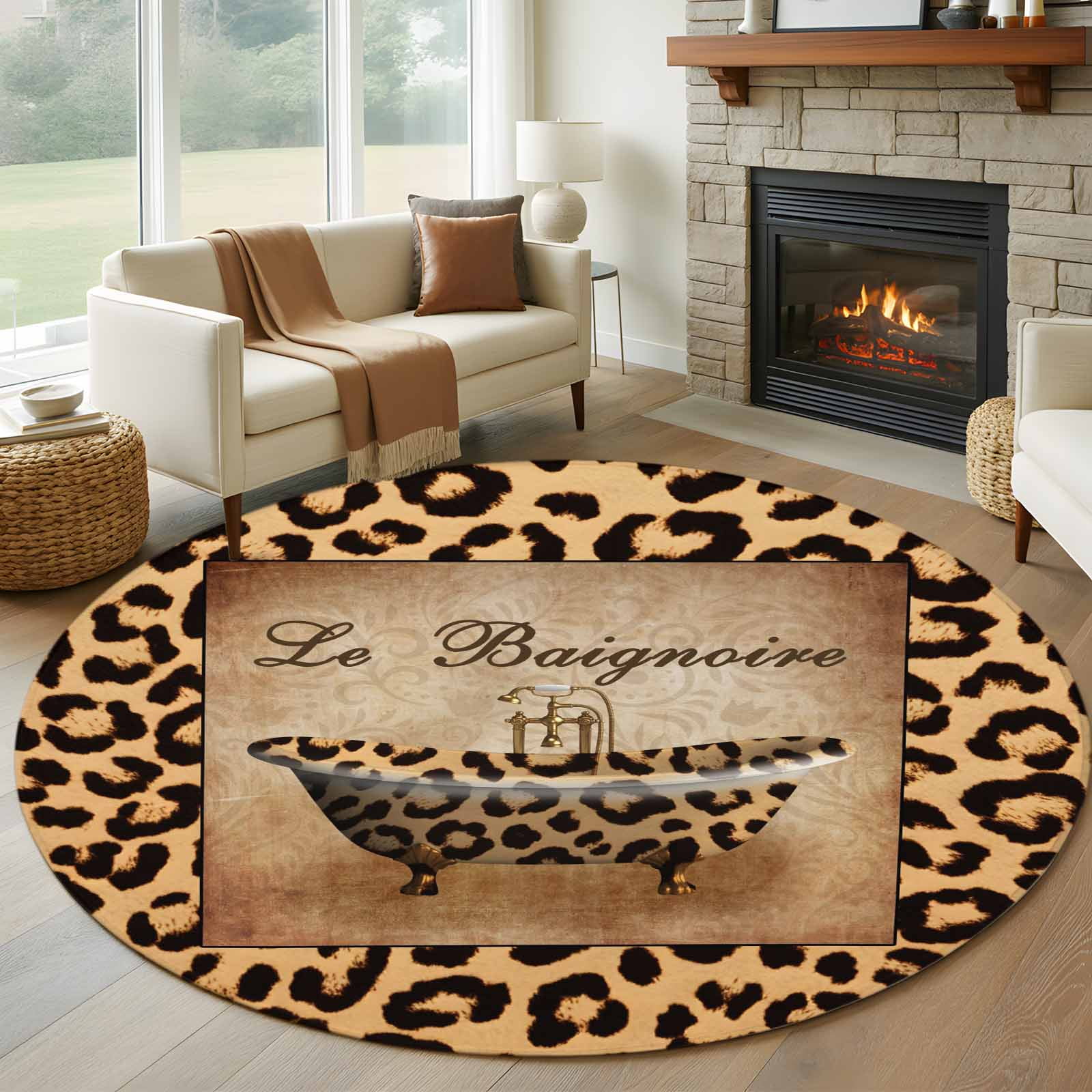 5ft Round Rug, Leopard Printed Non-Skid Rubber Backing Large Area Rugs ...