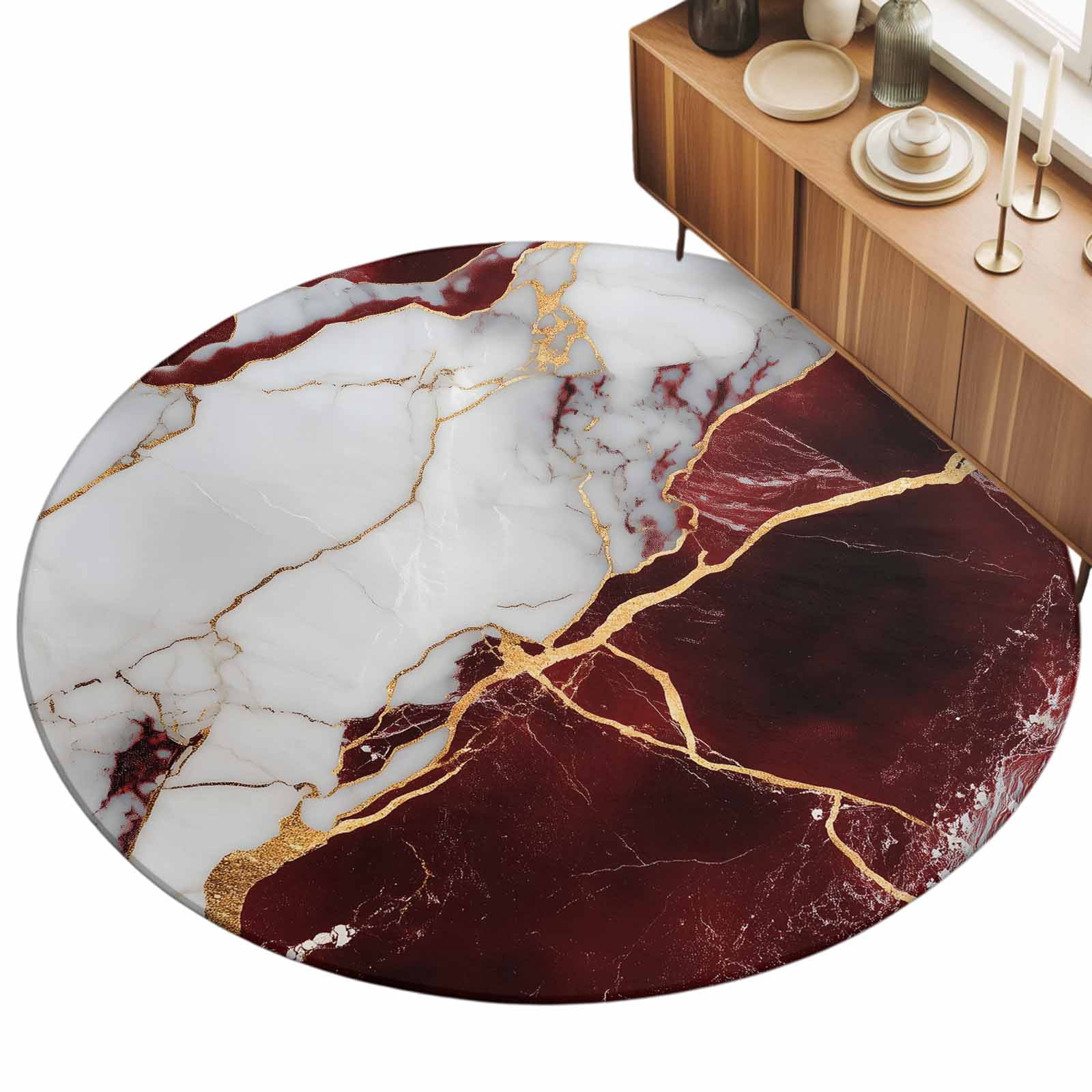 5ft Round Rug Marble Red Area Rugs for Living Room Bedroom Washable Non ...