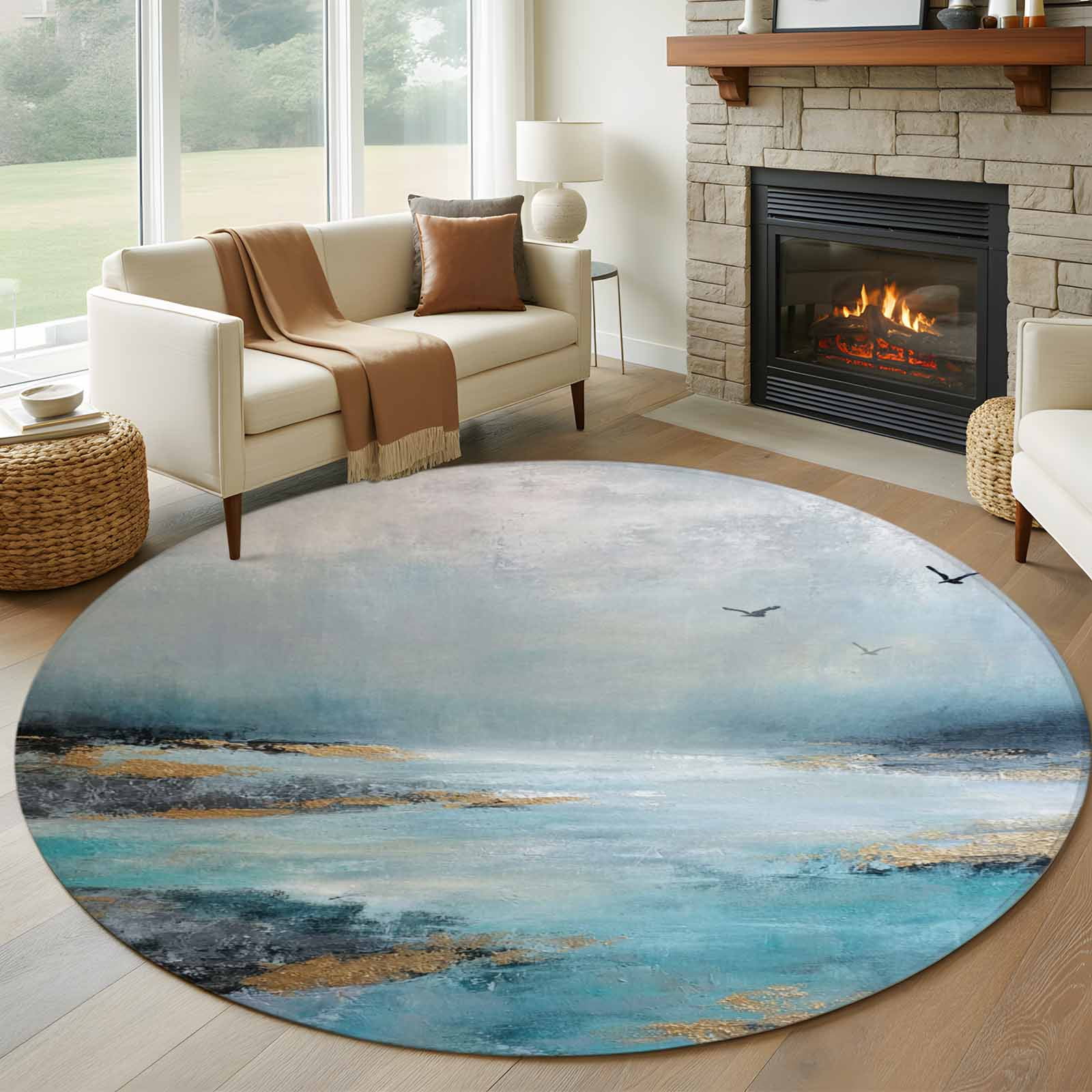5ft Round Rug, Modern Oil Painting Non-Skid Rubber Backing Large Area ...