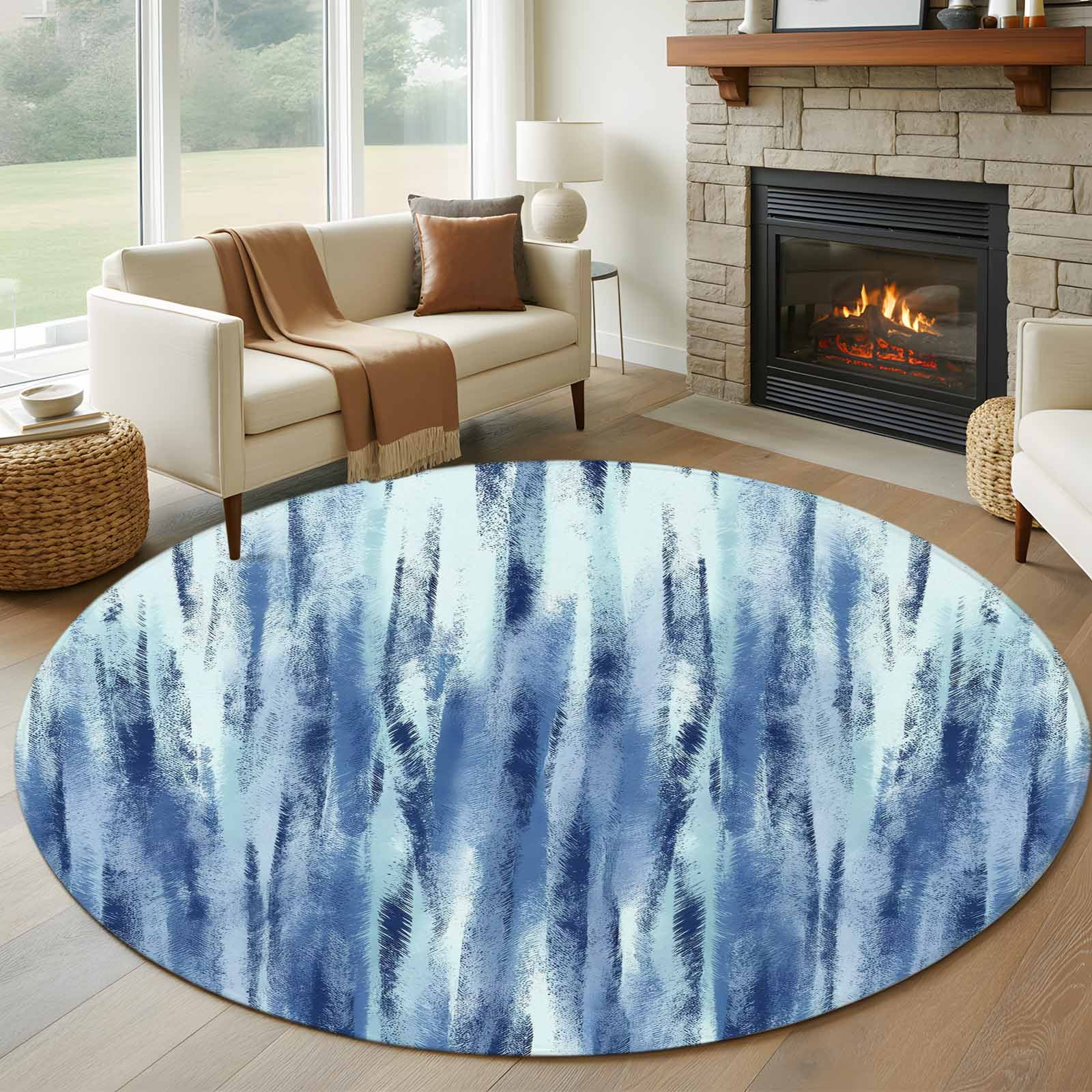 5ft Round Rug, Navy Blue Vintage Non-Skid Rubber Backing Large Area ...
