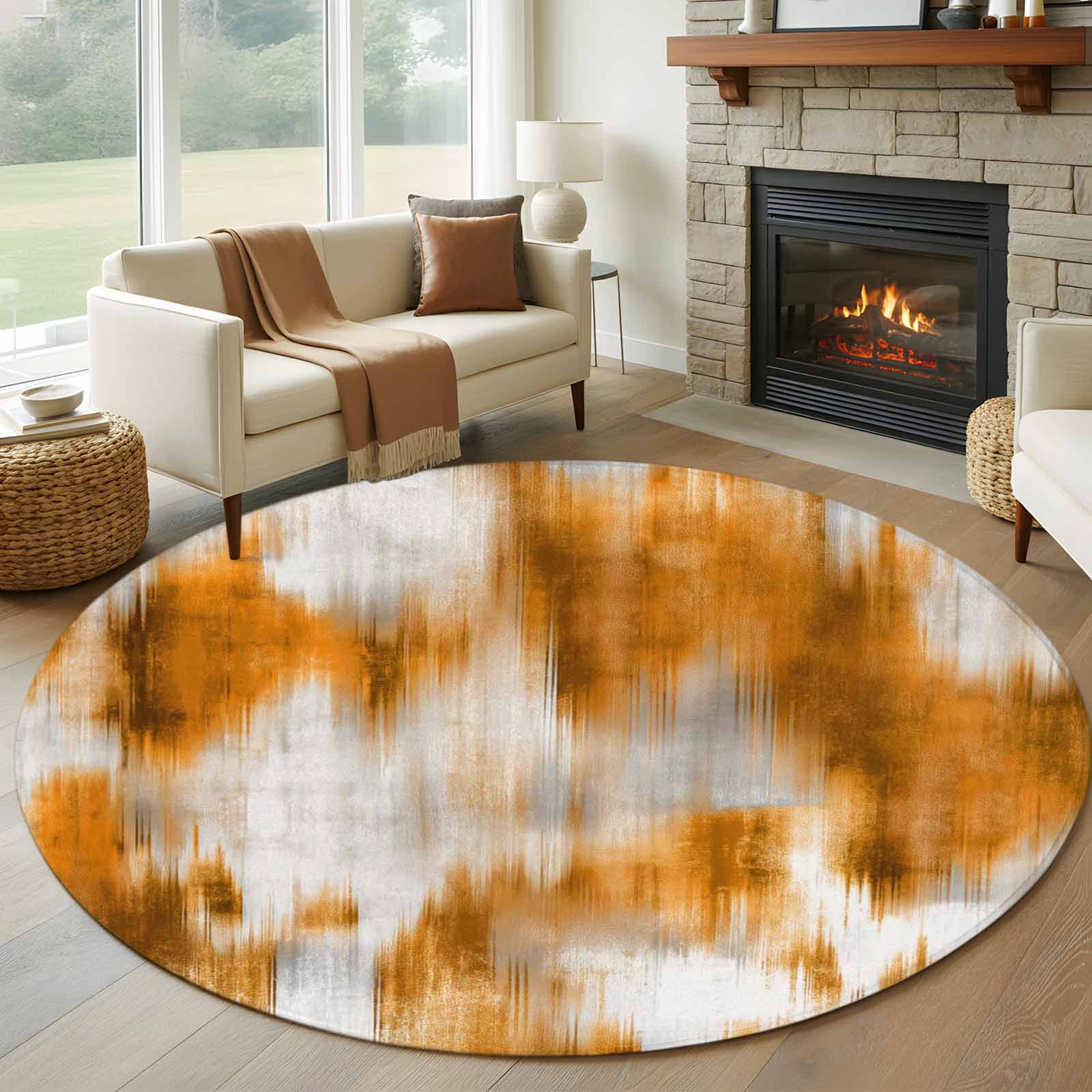 5ft Round Rug, Orange Grey Non-Skid Rubber Backing Large Area Rugs ...