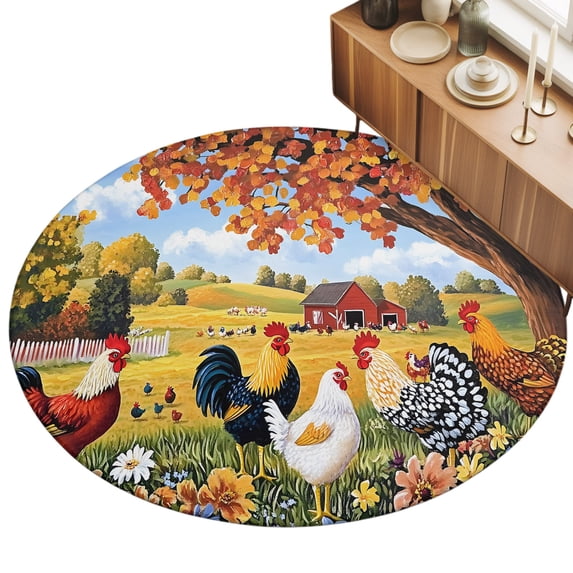 5ft Round Rug Orange Vintage Rooster Area Rugs for Living Room Bedroom ...