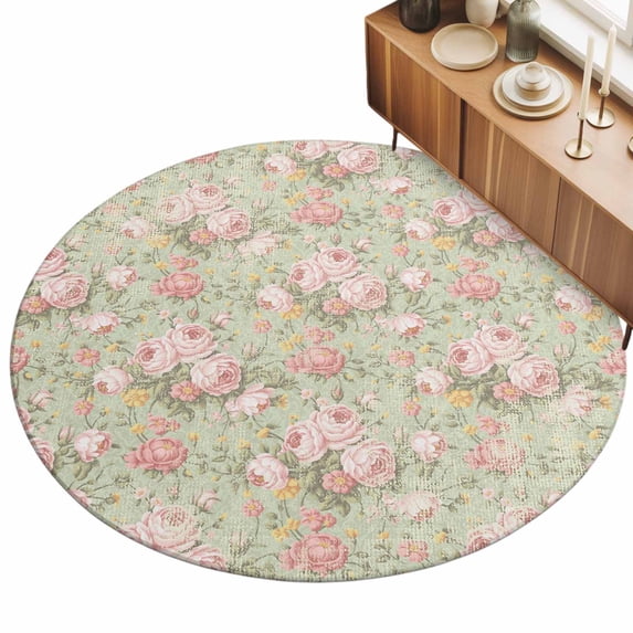 5ft Round Rug Pink Flowers Area Rugs for Living Room Bedroom Washable ...