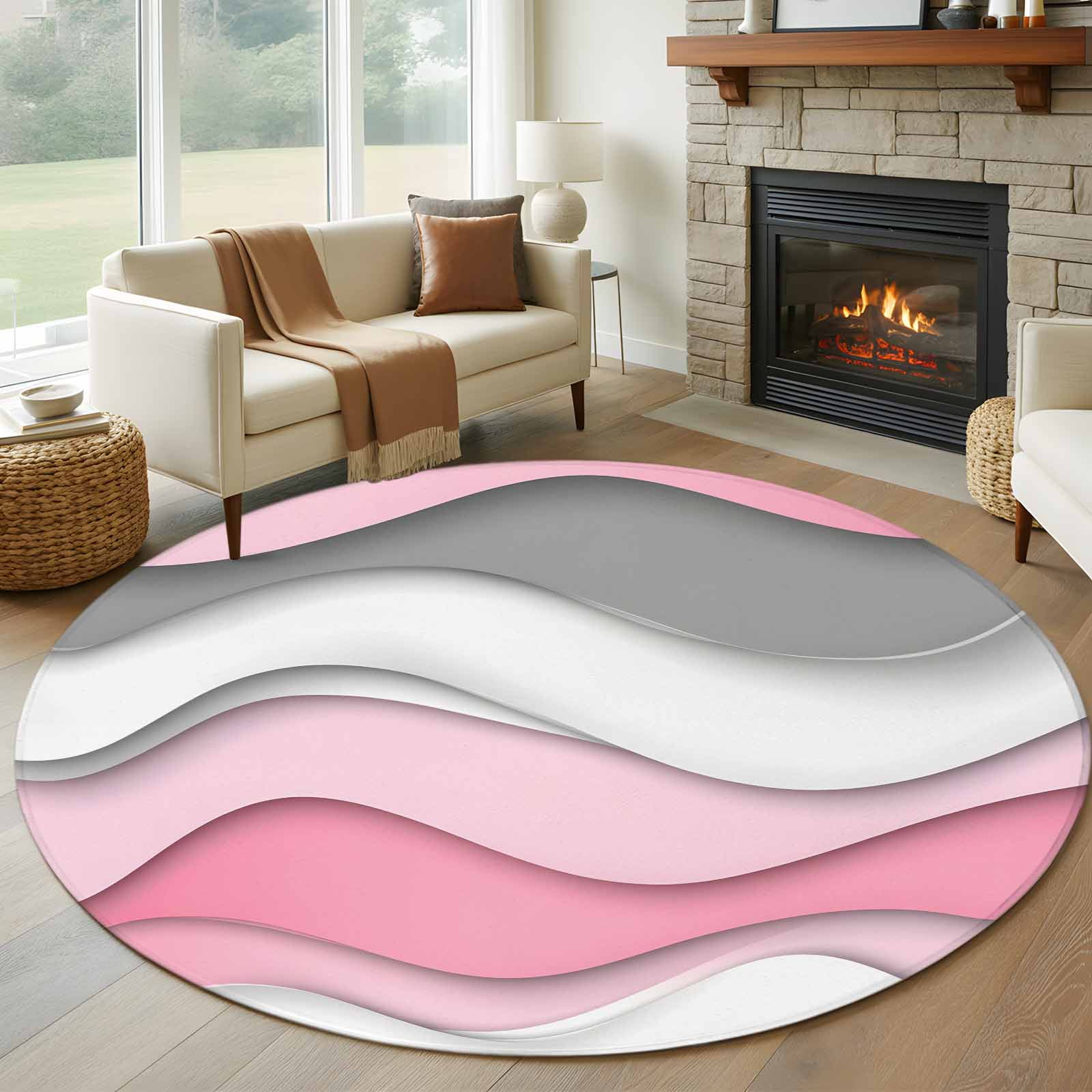 5ft Round Rug, Pink Gray Ombre Non-Skid Rubber Backing Large Area Rugs ...