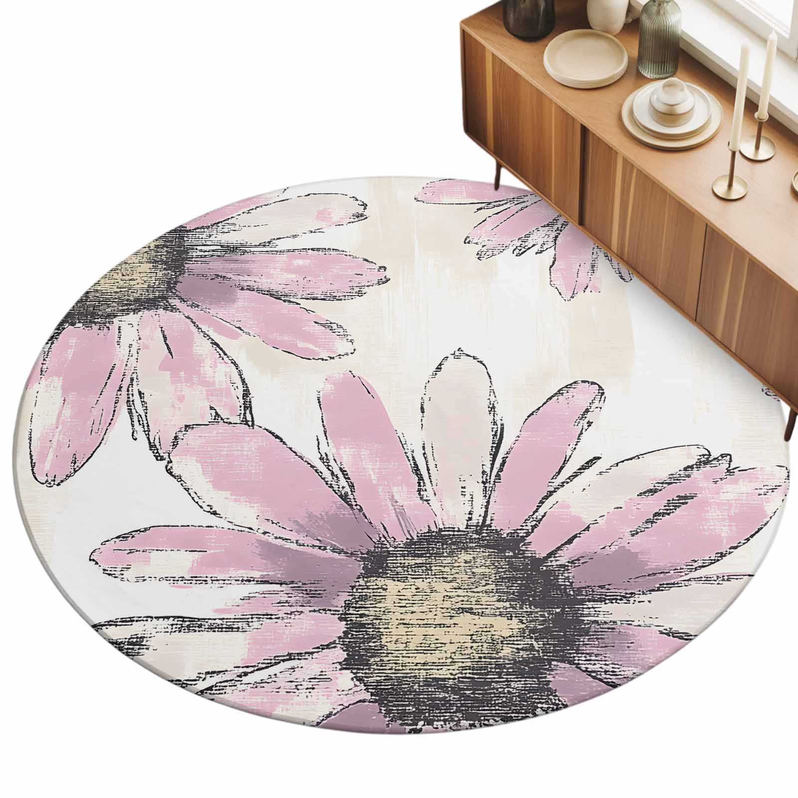 5ft Round Rug Pink Spring Floral Area Rugs for Living Room Bedroom ...