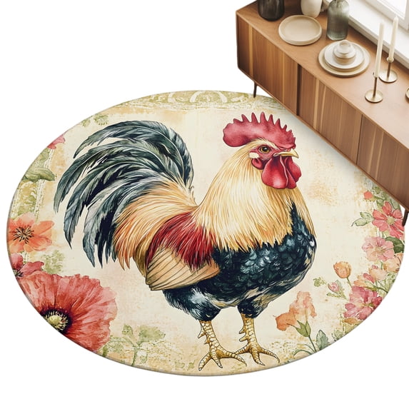 5ft Round Rug Pink Spring Floral Rooster Area Rugs for Living Room ...