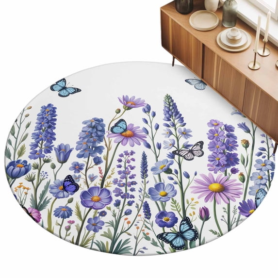 5ft Round Rug Purple Floral Area Rugs for Living Room Bedroom Washable ...