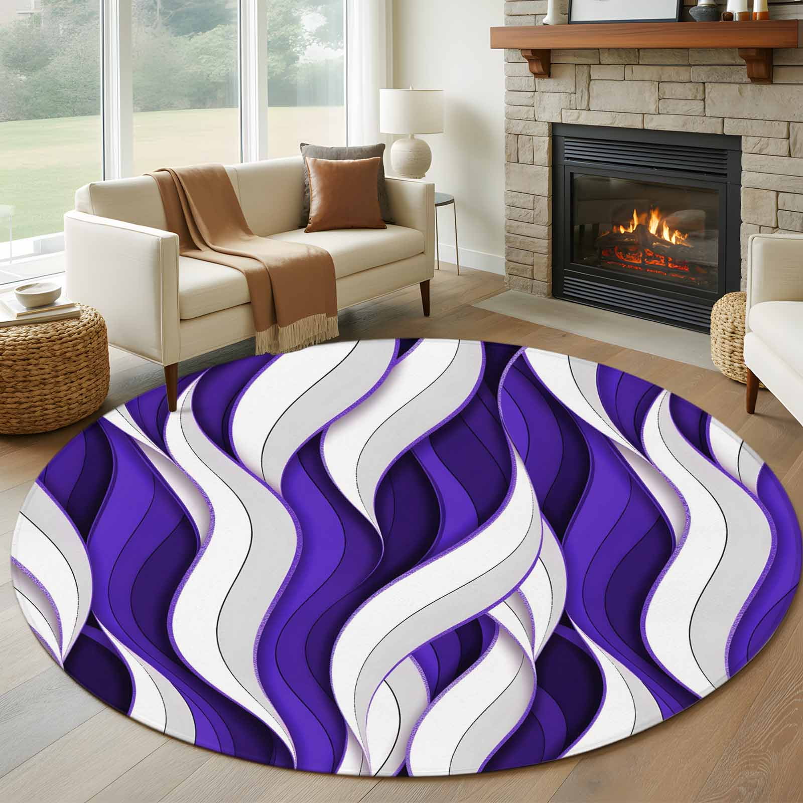 5ft Round Rug, Purple White Moire Non-Skid Rubber Backing Large Area ...