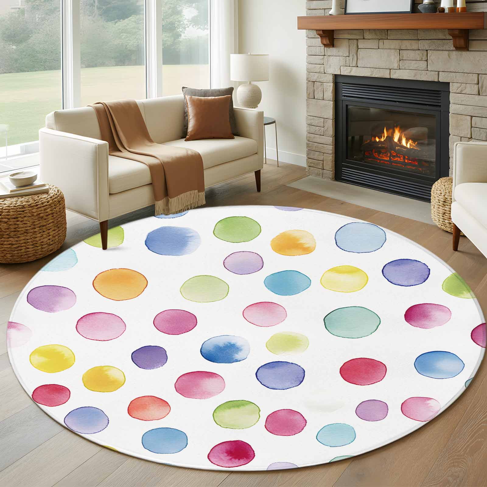 5ft Round Rug, Rainbow Non-Skid Rubber Backing Large Area Rugs - Living ...