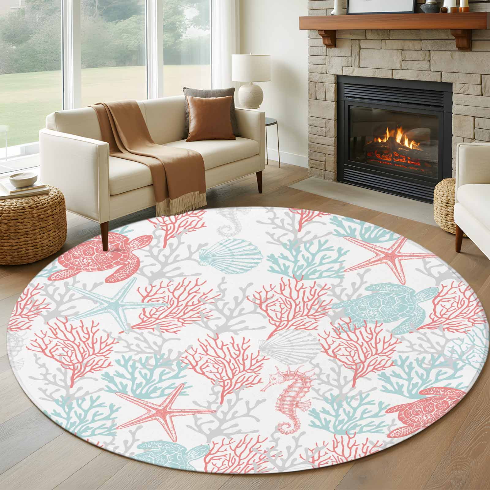 5ft Round Rug, Red Aqua Coastal Non-Skid Rubber Backing Large Area Rugs ...