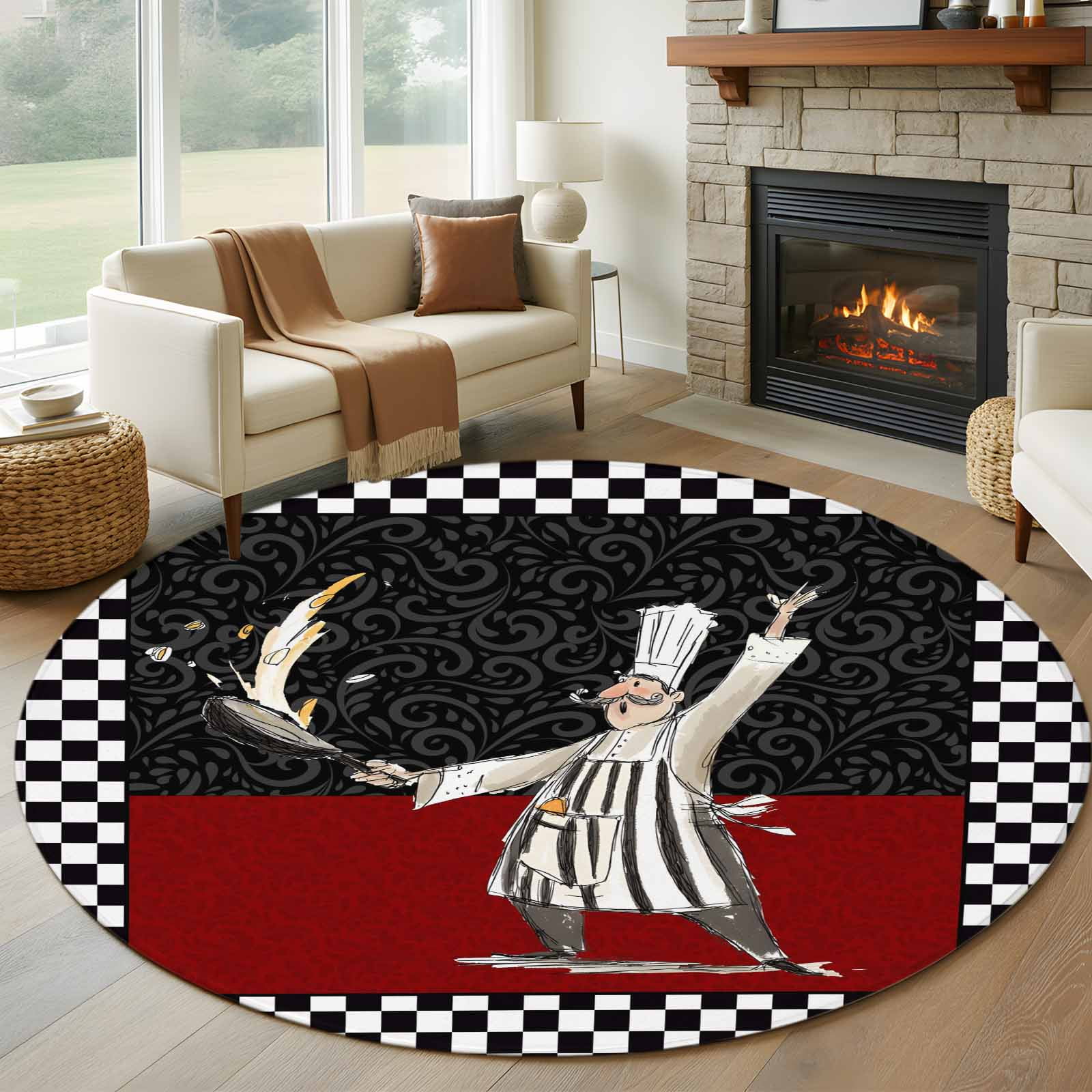 5ft Round Rug, Red Black Chef Non-Skid Rubber Backing Large Area Rugs ...