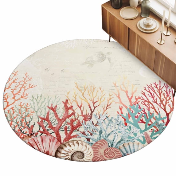 5ft Round Rug Red Coral Coastal Area Rugs for Living Room Bedroom ...