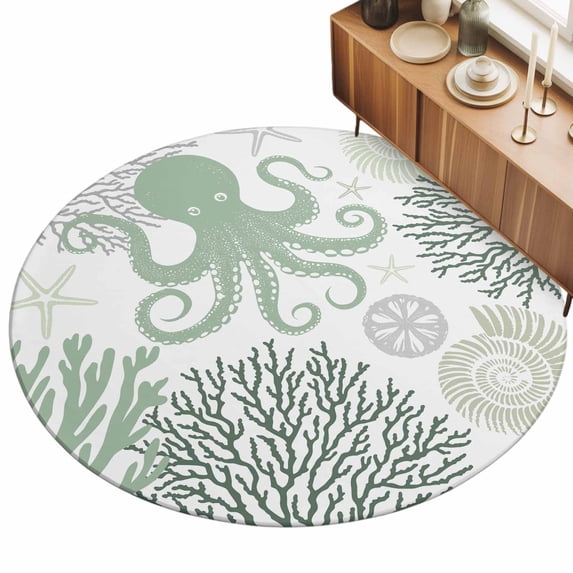 5ft Round Rug Sage Green Octopus Coastal Area Rugs for Living Room ...