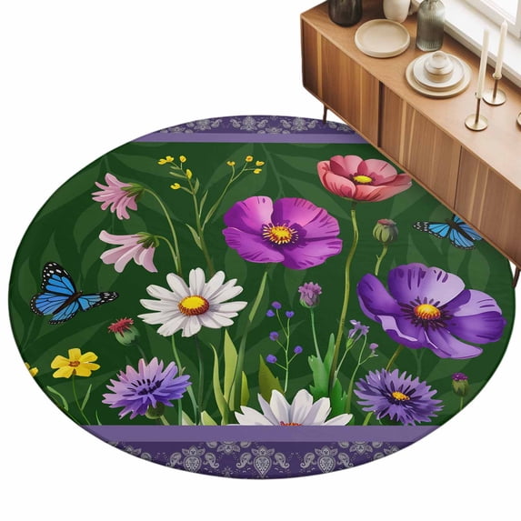 5ft Round Rug Spring Flowers Area Rugs for Living Room Bedroom Washable ...