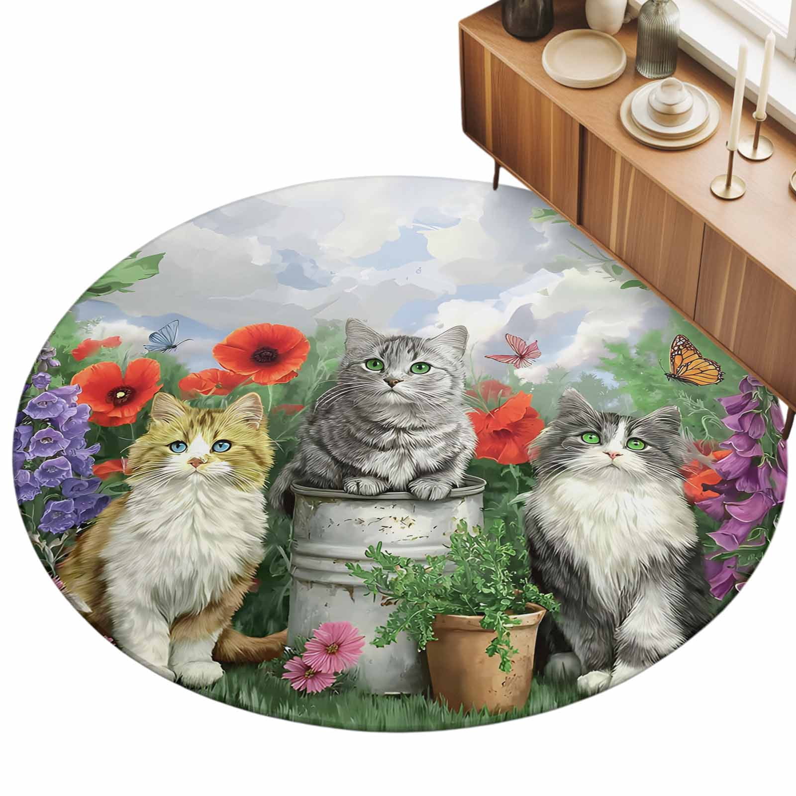 5ft Round Rug Spring Garden Cats Area Rugs for Living Room Bedroom ...