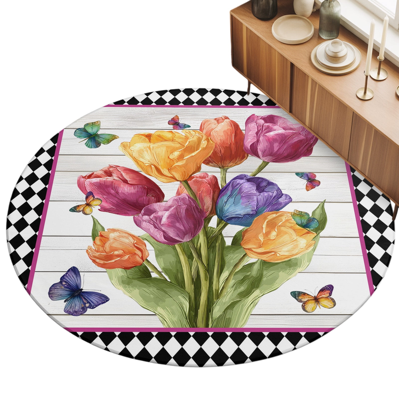 5ft Round Rug Spring Tulips Area Rugs for Living Room Bedroom Washable ...