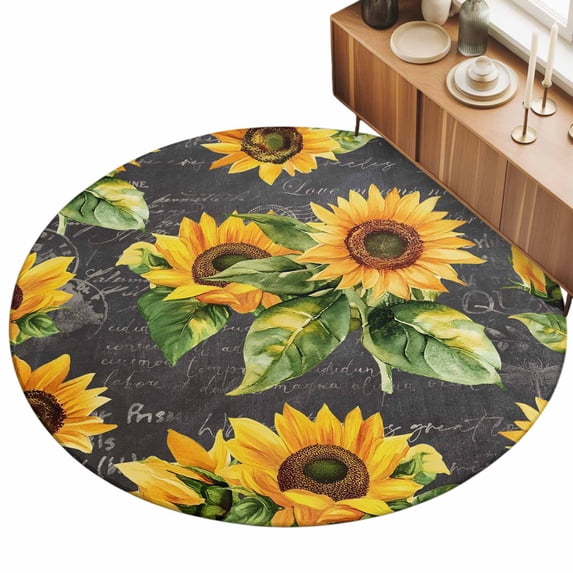 5ft Round Rug Sunflower Black Retro Area Rugs for Living Room Bedroom ...