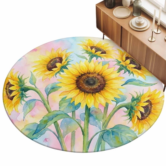 5ft Round Rug Sunflowers Area Rugs for Living Room Bedroom Washable Non ...